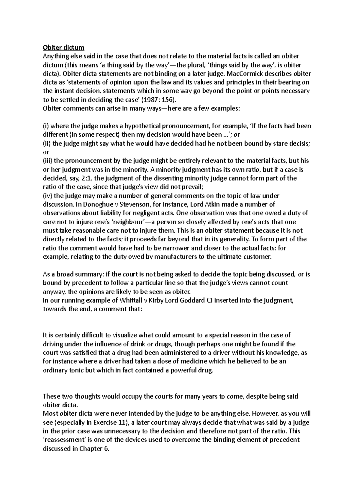 Lecture Notes 4: Obiter Dictum Explained in Case Law Context - Studocu