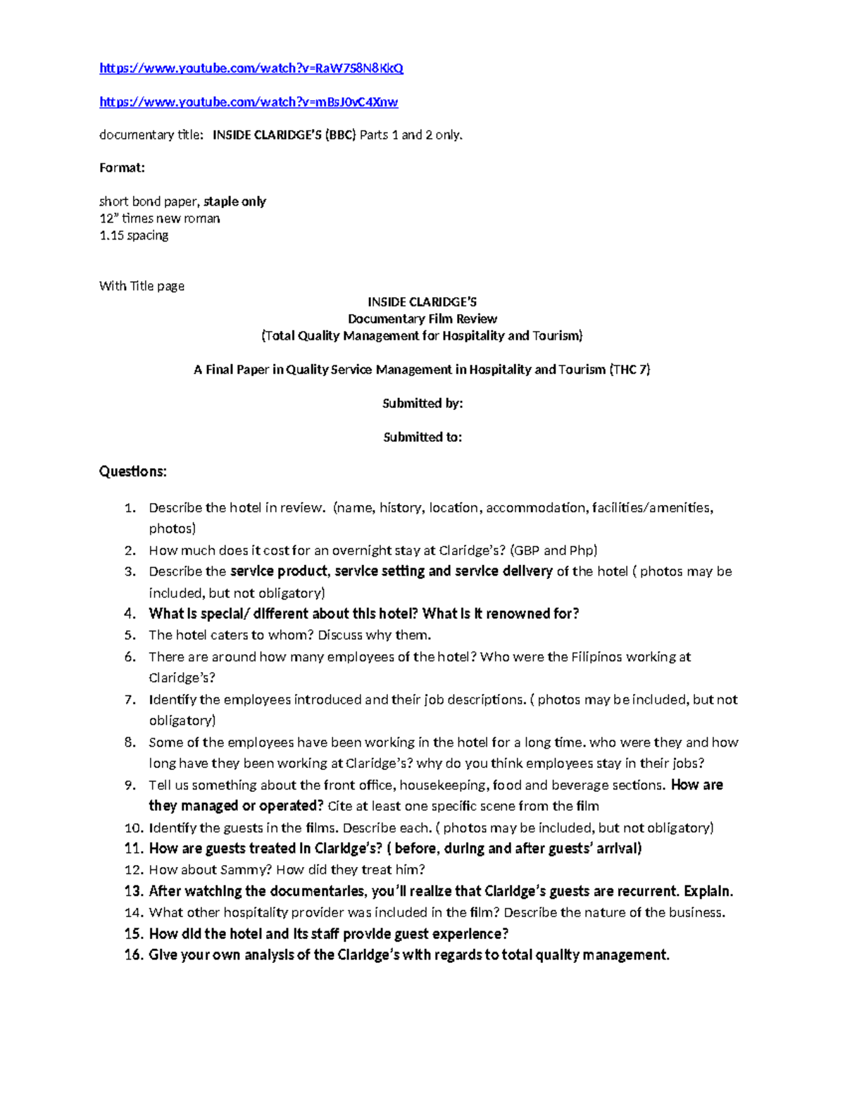 Inside Claridges Final Paper - youtube/watch?v=RaW7S8N8KkQ youtube ...