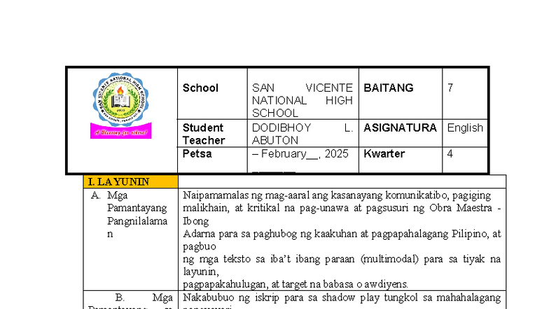 LP-Filipino 7 - Grade 7 Lesson on Foreshadowing in Literature - Studocu