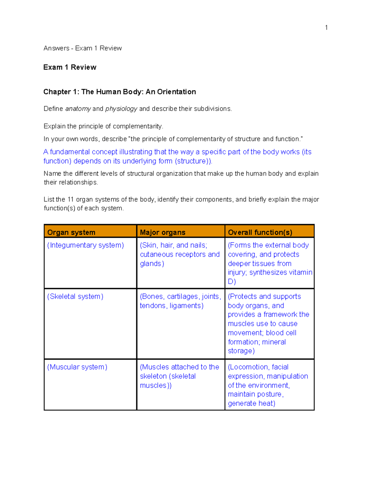 ANAT 101: Comprehensive Exam 1 Review on Human Body Systems - Studocu