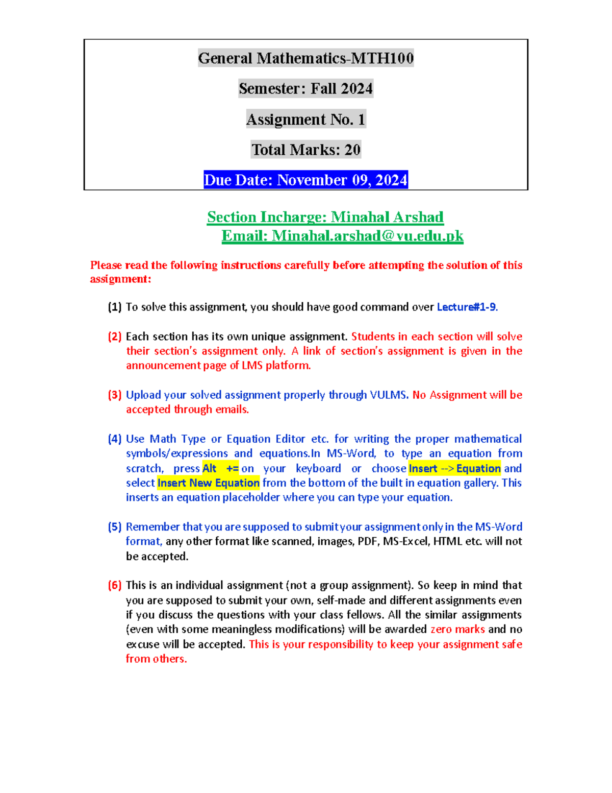 MTH100 Fall 2024 Assignment 1 Guidelines and Instructions - Studocu