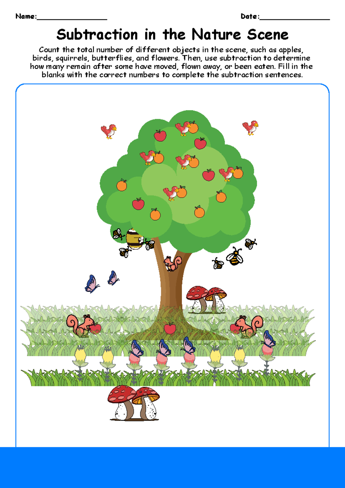 Subtraction in Nature - Kindergarten Worksheet - Count the total number ...