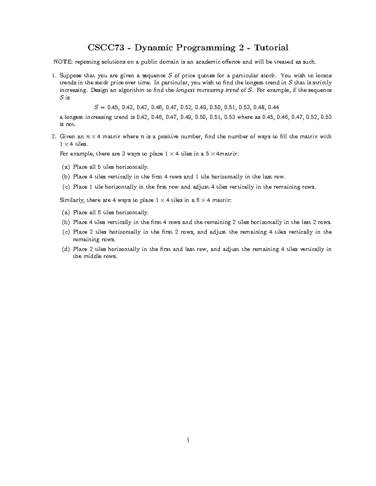CSCC73 Dynamic Programming 2 Tutorial 6 Solutions - Studocu