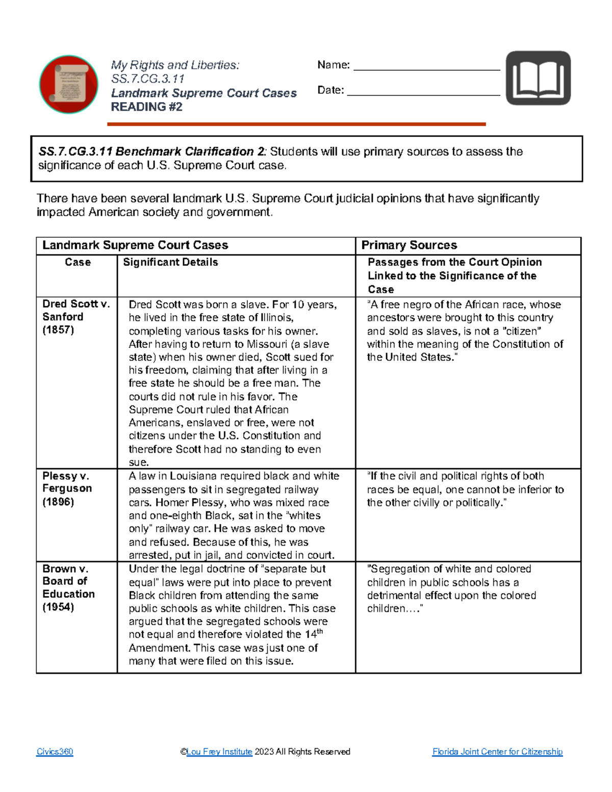 Landmark Supreme Court Cases: Impact on Rights and Liberties SS.7.CG.3. ...