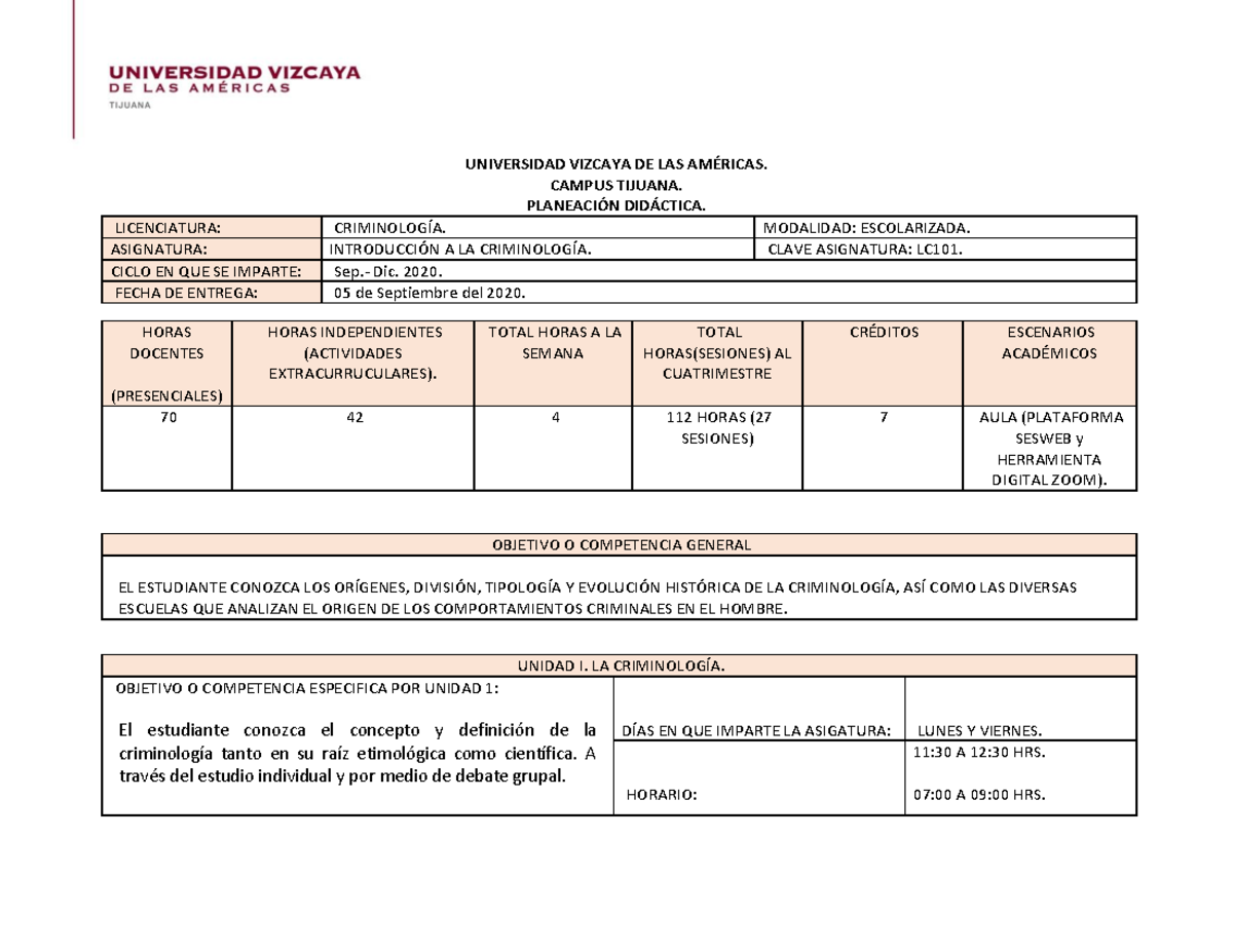 Planeación Introducción a la Criminología. Crim. 1° - Warning: TT: undefined function: 32 - Studocu