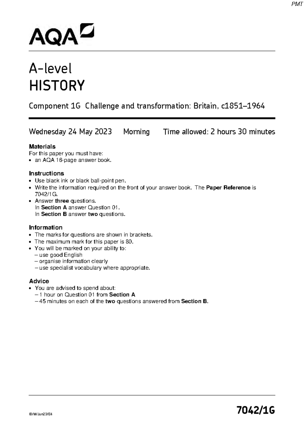 PMT 1G June 2023 History Exam Paper: Challenge & Transformation - Studocu