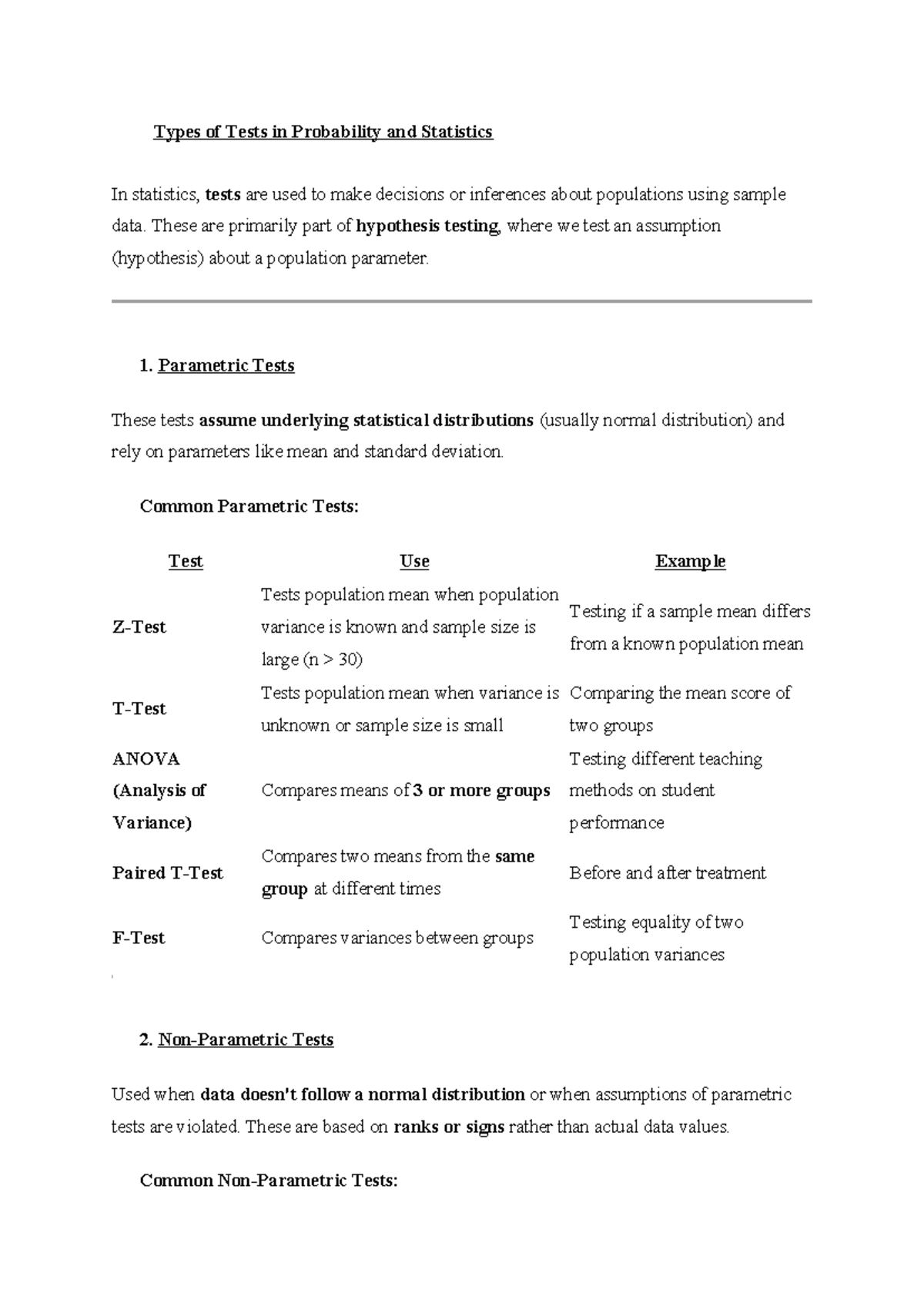 Types of Tests in Probability and Statistics - These are primarily part ...