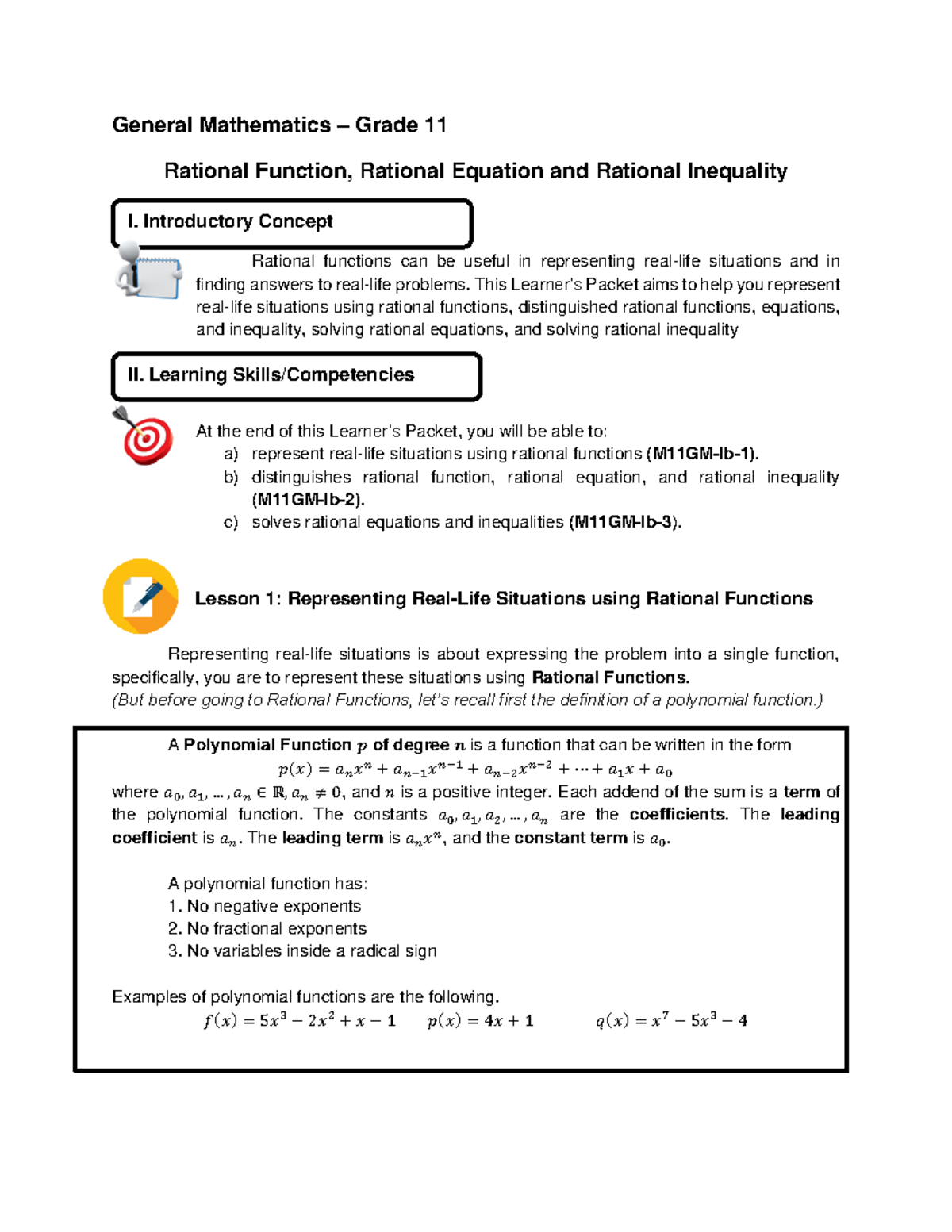 Rational Functions, Equations, and Inequalities - M11GM Learner's ...