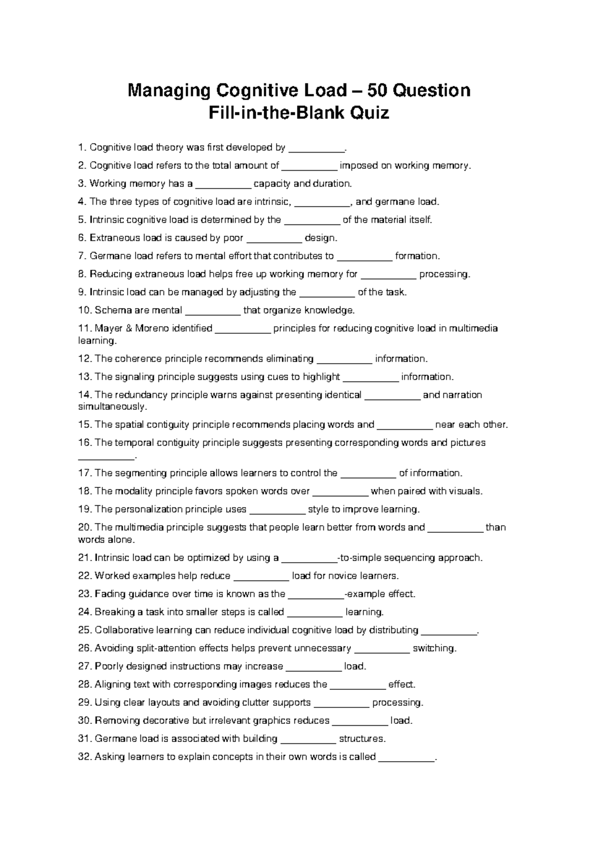 Managing Cognitive Load: 50 Question Quiz (Cognitive Psychology) - Studocu