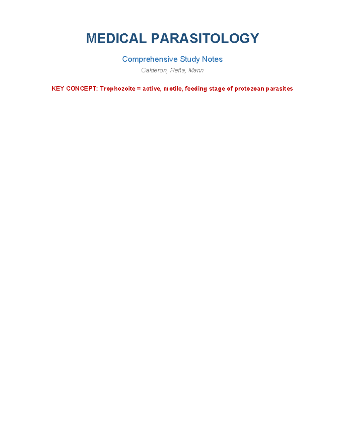 MEDICAL PARASITOLOGY Comprehensive Study Notes (Course Code: MP101 ...