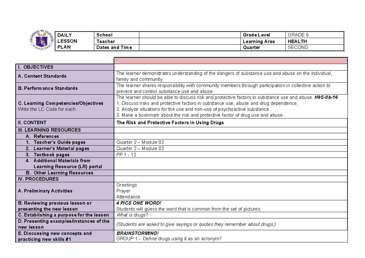 Health DLP Grade 9: Addressing Substance Use & Abuse Risks - Studocu