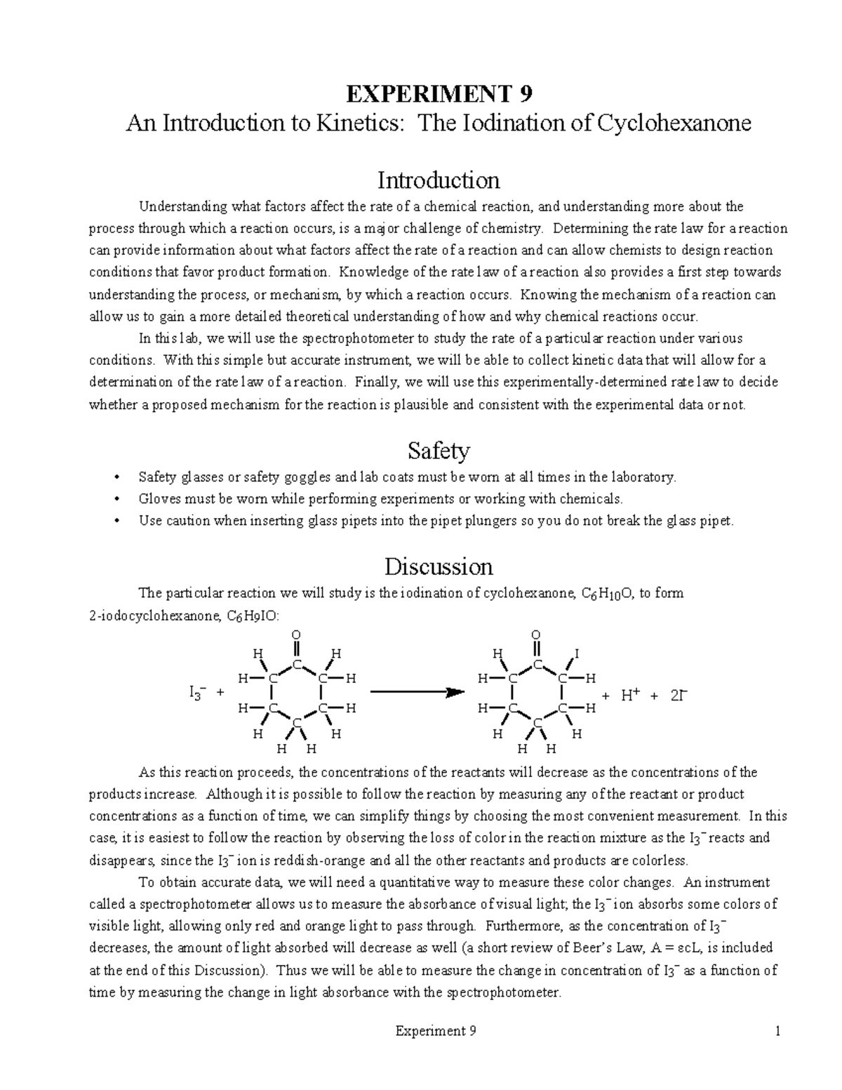 Kinetics Lab: Iodination of Cyclohexanone (Experiment 9) - Studocu