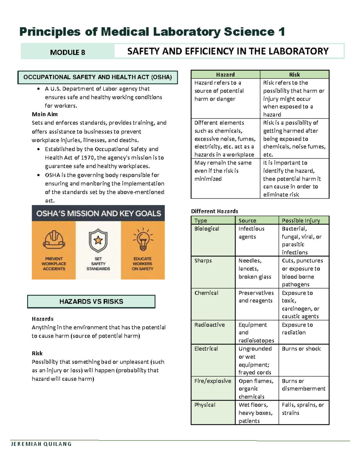PMLS 1 Module 8: Safety & Efficiency in the Laboratory - Studocu