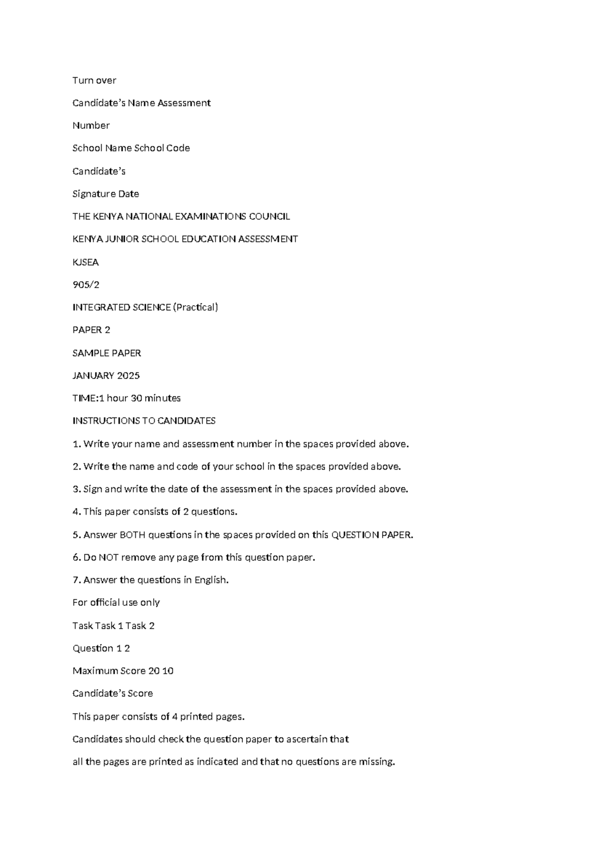 KJSEA Integrated Science Practical Paper 2 Sample - Jan 2025 - Studocu