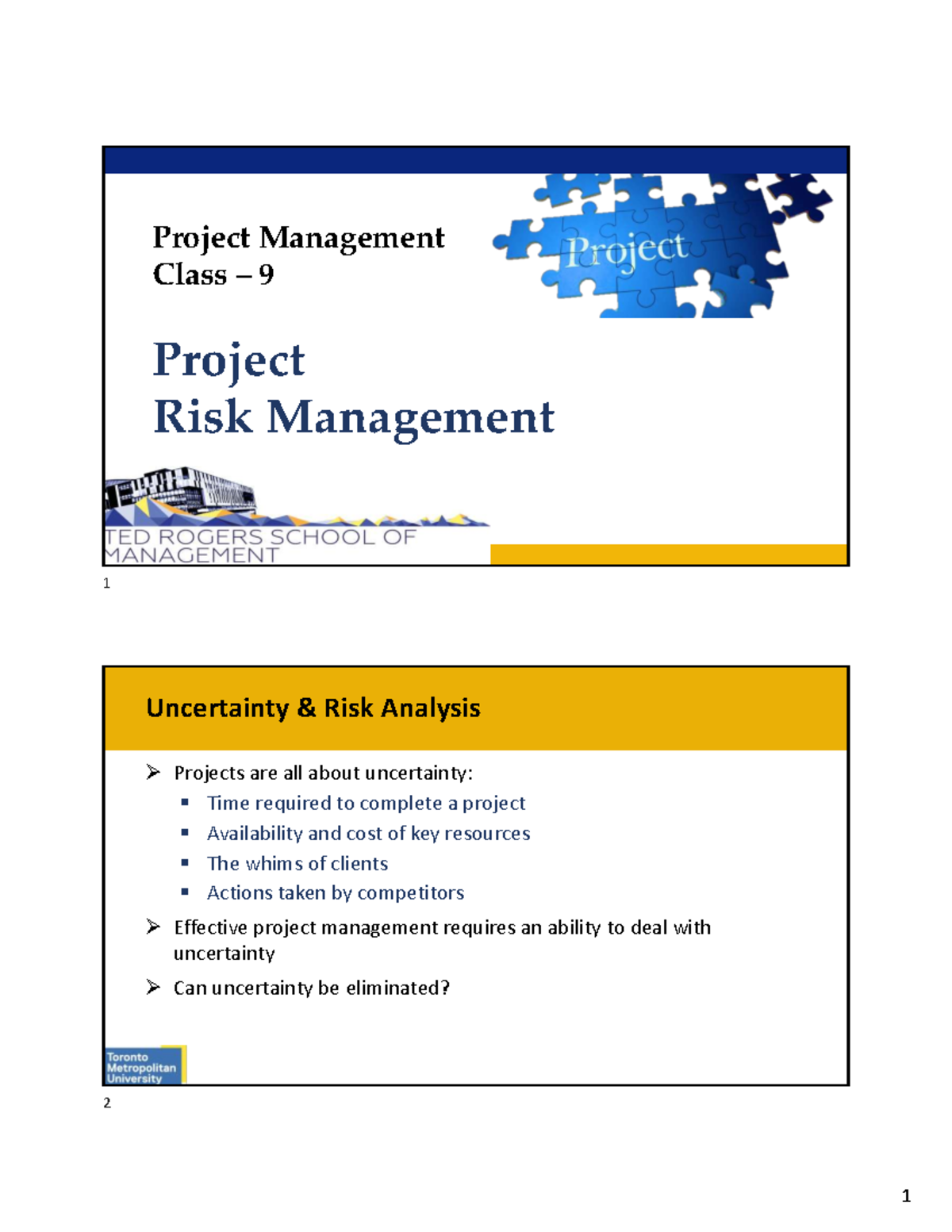 Project management class 9: project risk management and analysis - Studocu