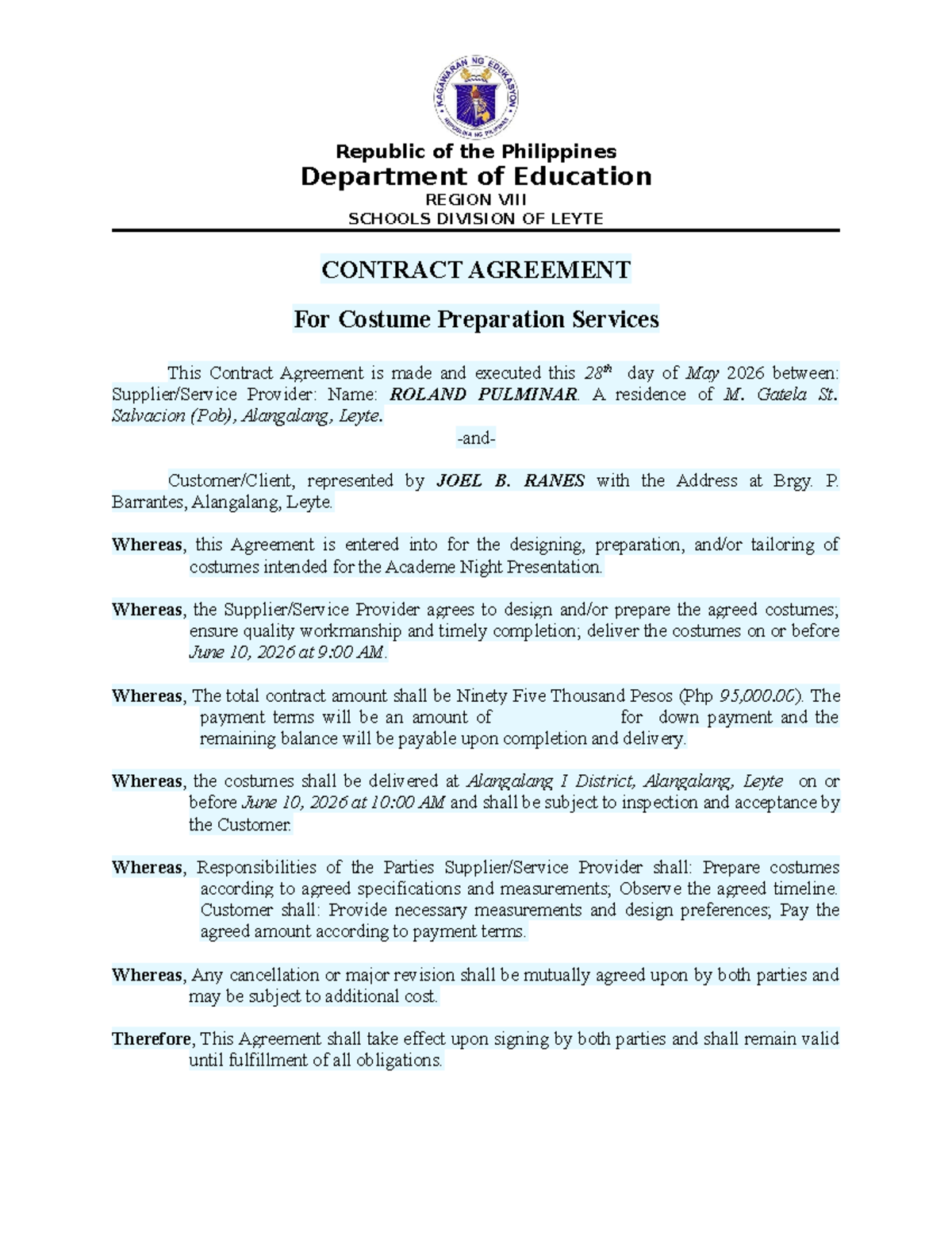 Contract Agreement for Costume Services - Leyte Division - Studocu
