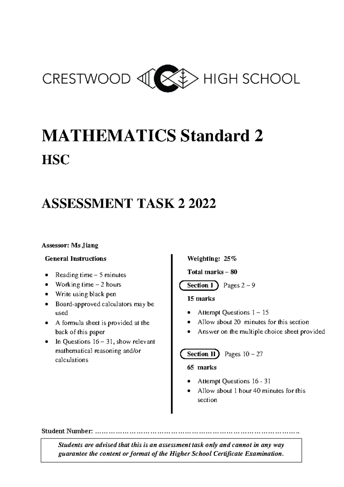 Year 12 Mathematics Standard 2 HSC Assessment Task 2 2022 - Past Paper ...
