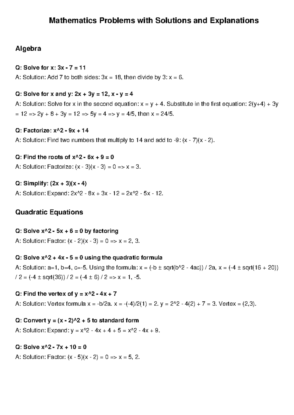 Mathematics Problems Solutions - Mathematics Problems with Solutions ...