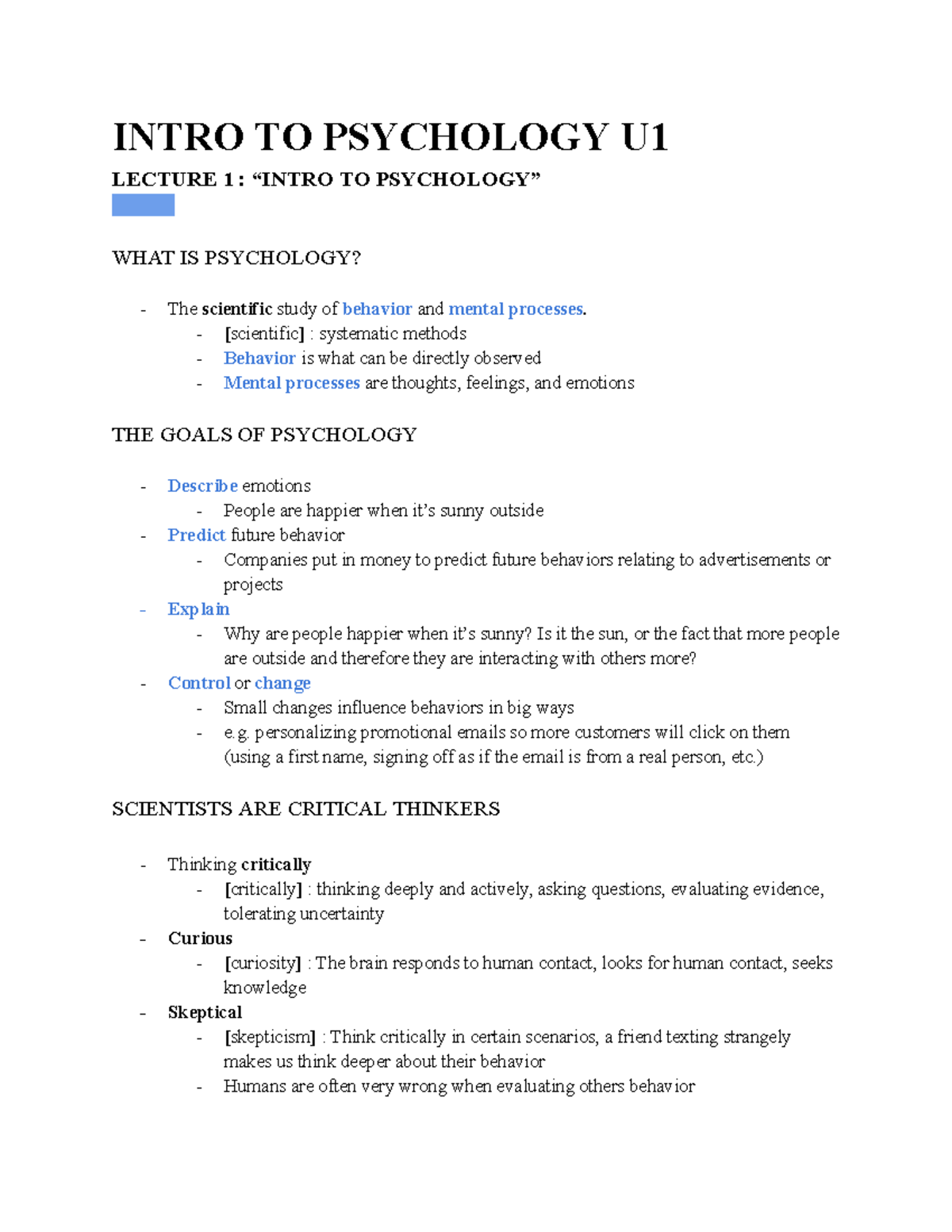 Psy0100 lec 1 - INTRO TO PSYCHOLOGY U LECTURE 1 : “INTRO TO PSYCHOLOGY ...
