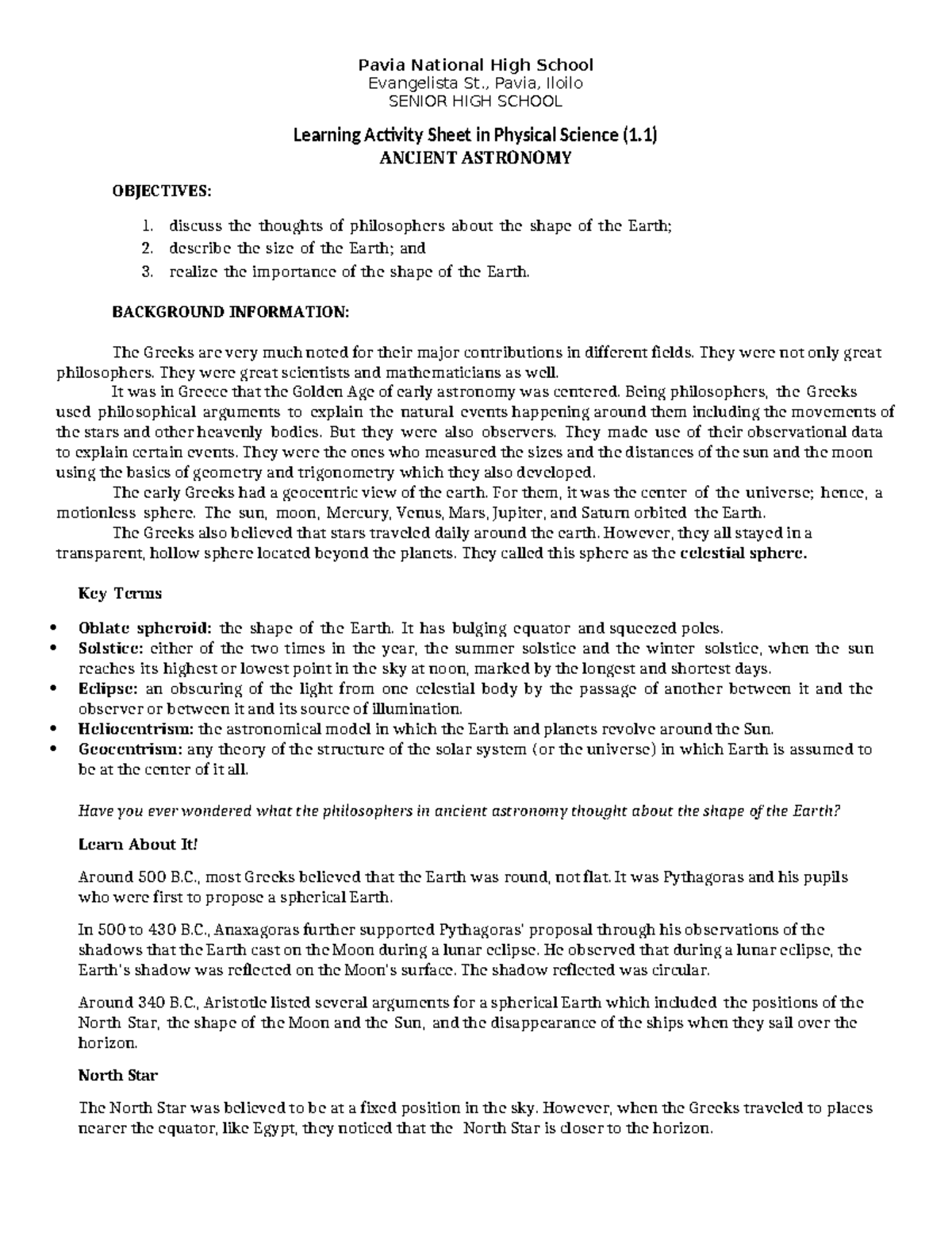 LAS Module Q1-WEEK1: Learning Activity Sheet on Ancient Astronomy - Studocu