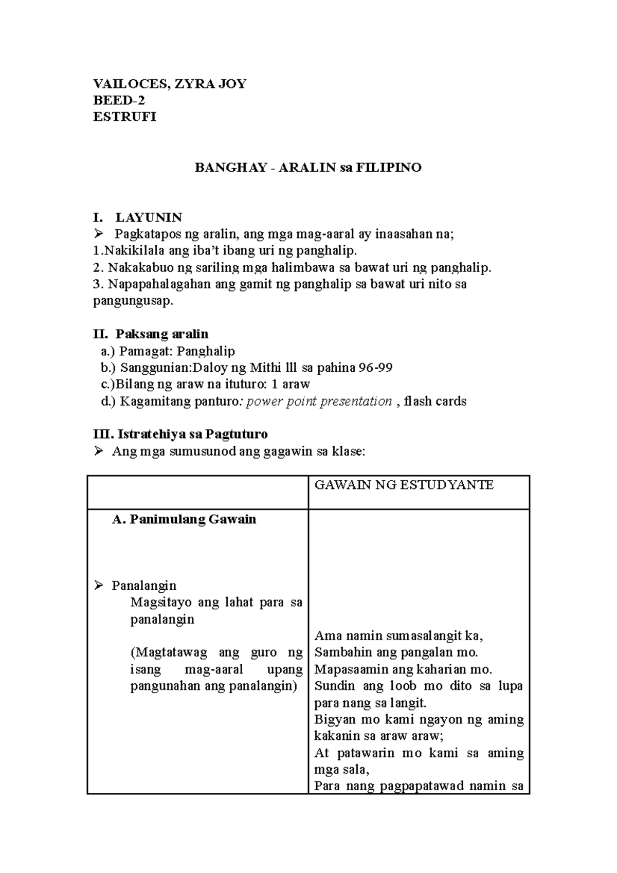 Filipino Lesson Plan: Pagkilala at Paggamit ng Panghalip (BEED) - Studocu
