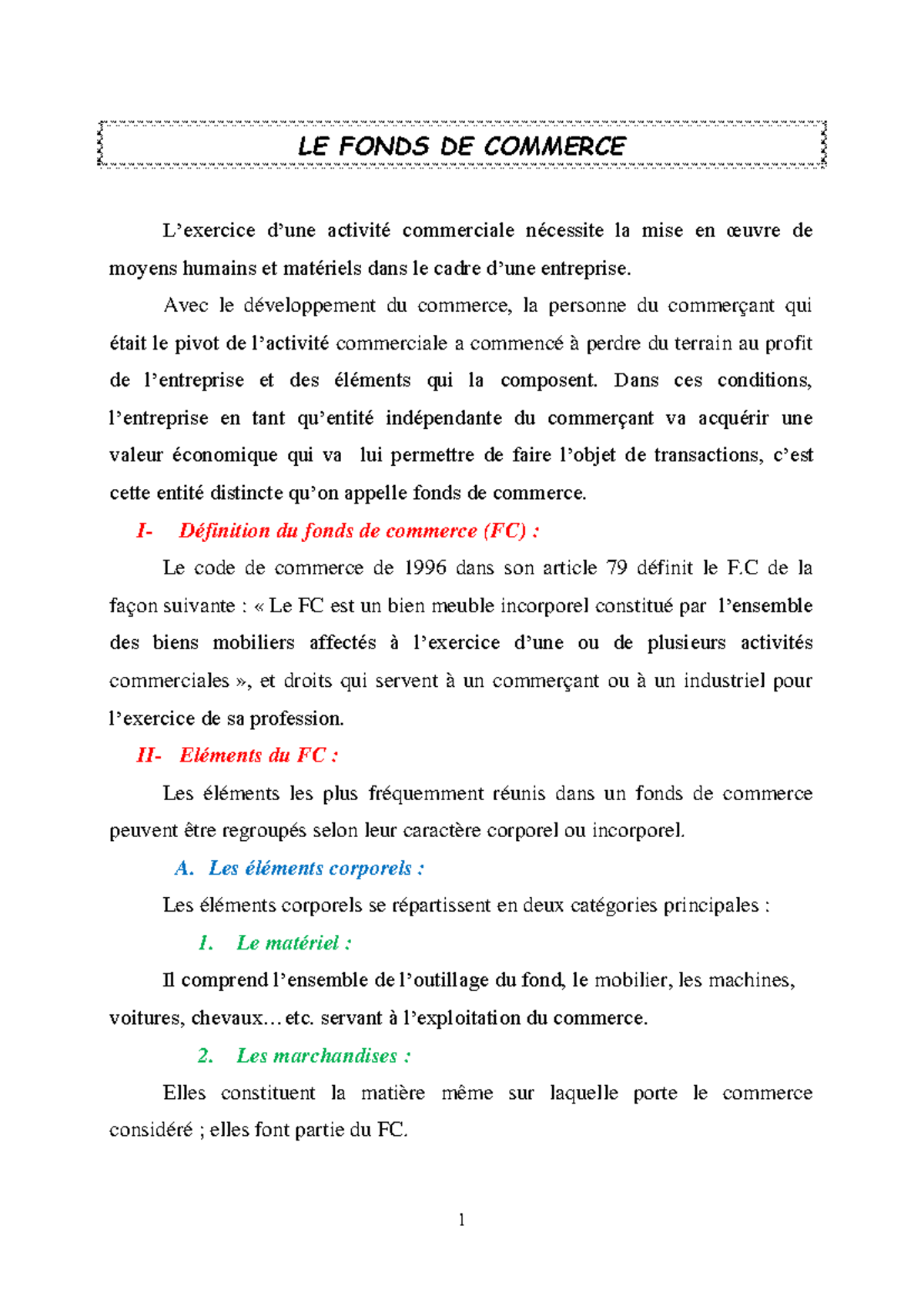 Définition et Éléments du Fonds de Commerce (FC) - Cours et Droit - Studocu