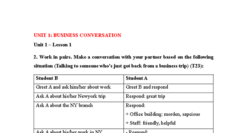 Business Conversation Scenarios: Unit 1 Lessons (T23) - Studocu