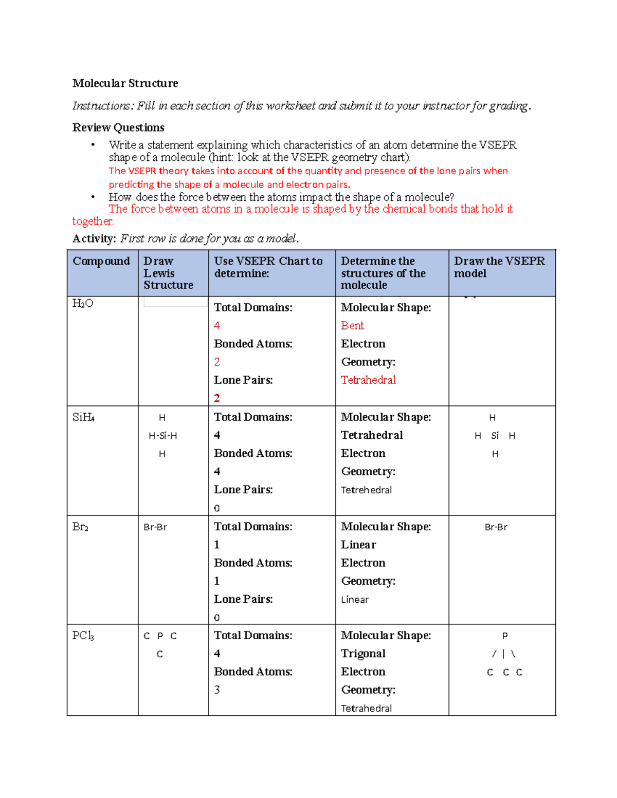 Molecular Structure Worksheet for VSEPR Theory Analysis - Studocu