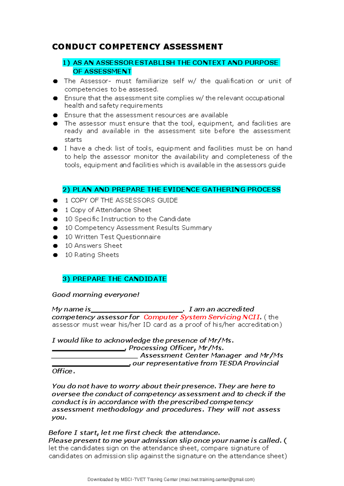 Competency Assessment Guidelines for CSS NC II Assessor Script - Studocu