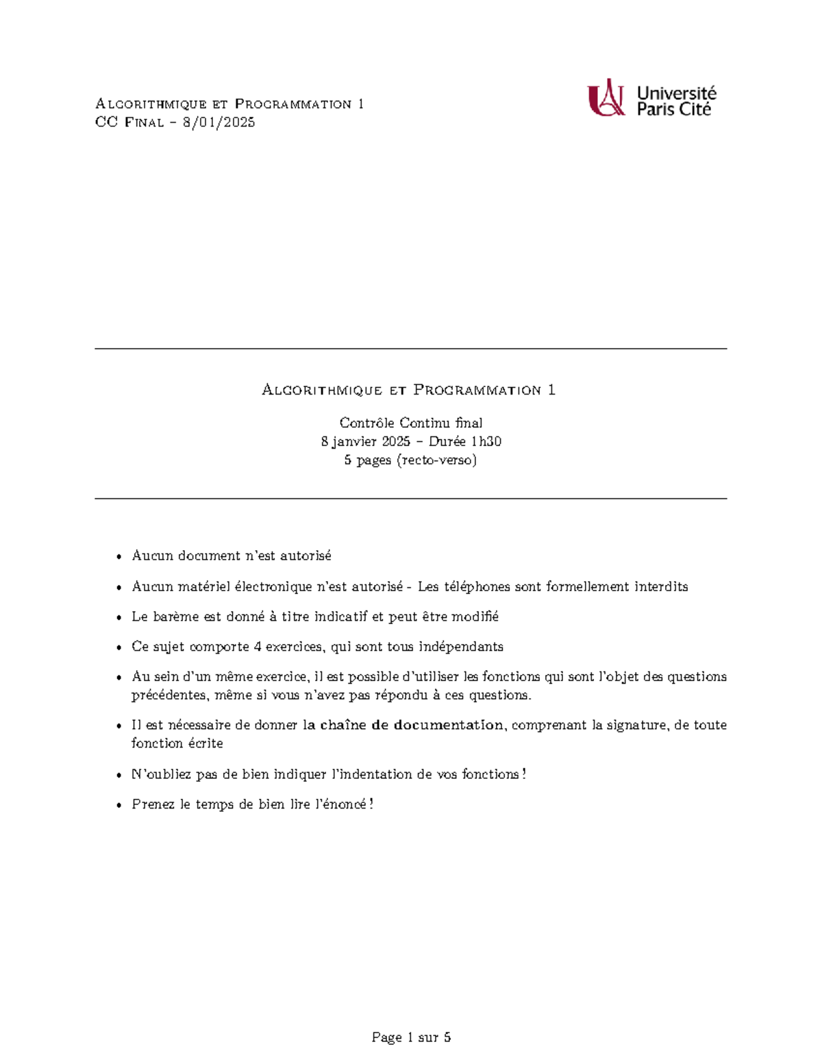 Algorithmique et Programmation 1 CC Final Exam - 8 Jan 2025 - Studocu
