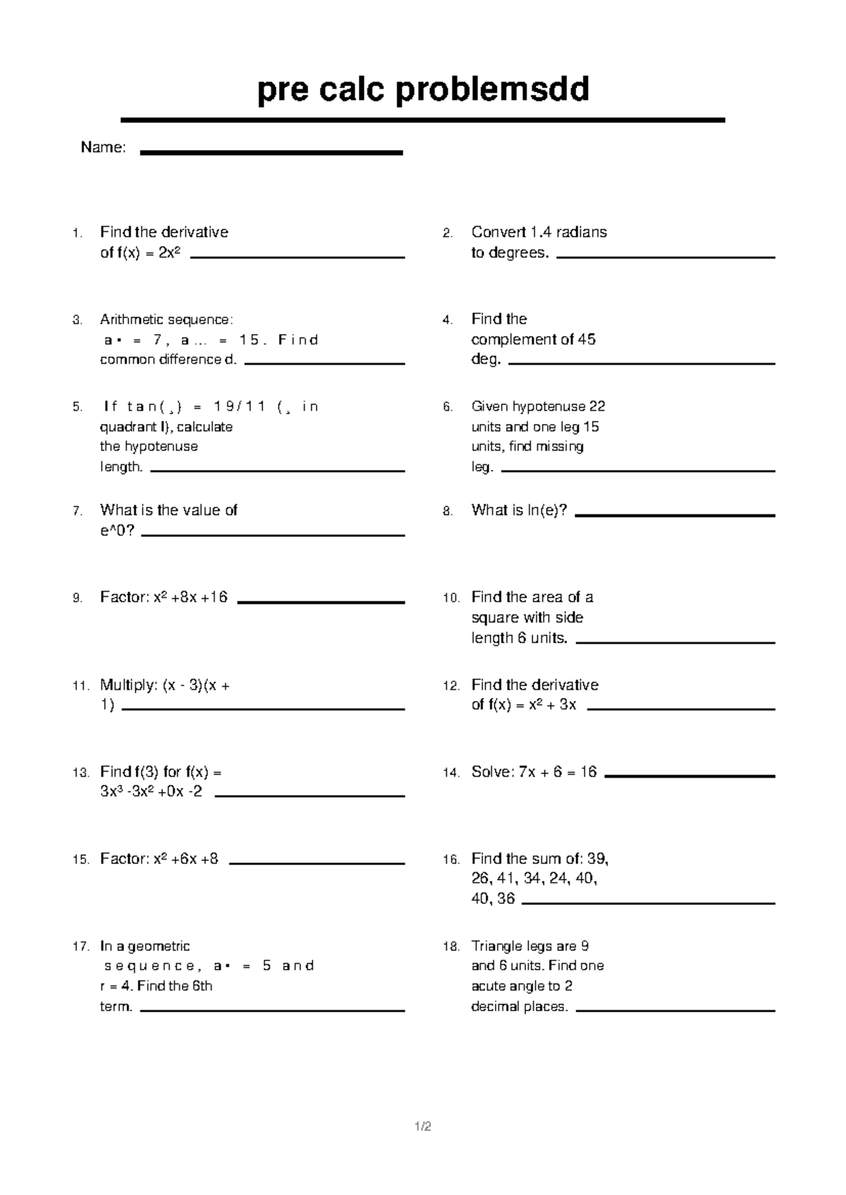 Pre Calc Problems: Derivatives, Sequences, and Geometry - Studocu