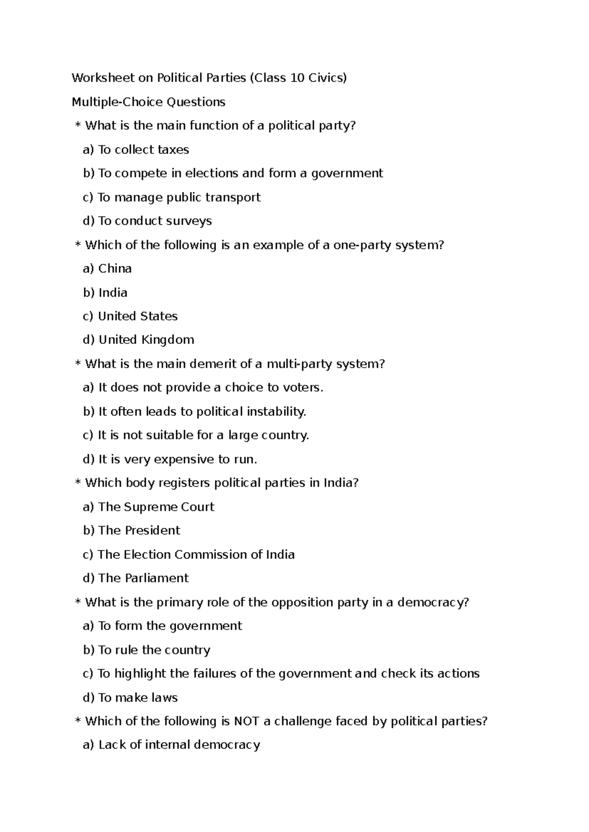 Worksheet on Political Parties (Class 10 Civics) - Questions & Answers ...