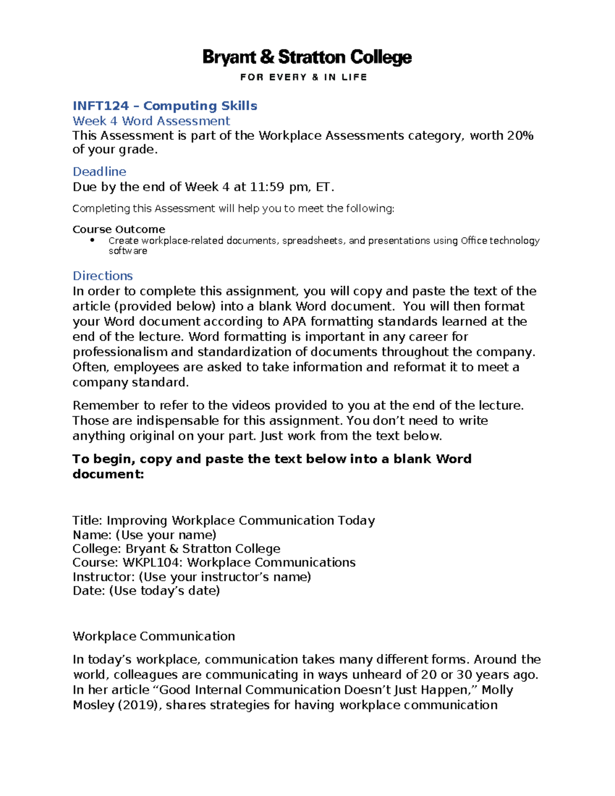 INFT124 - Week 4 Word Assessment: Improving Workplace Communication ...