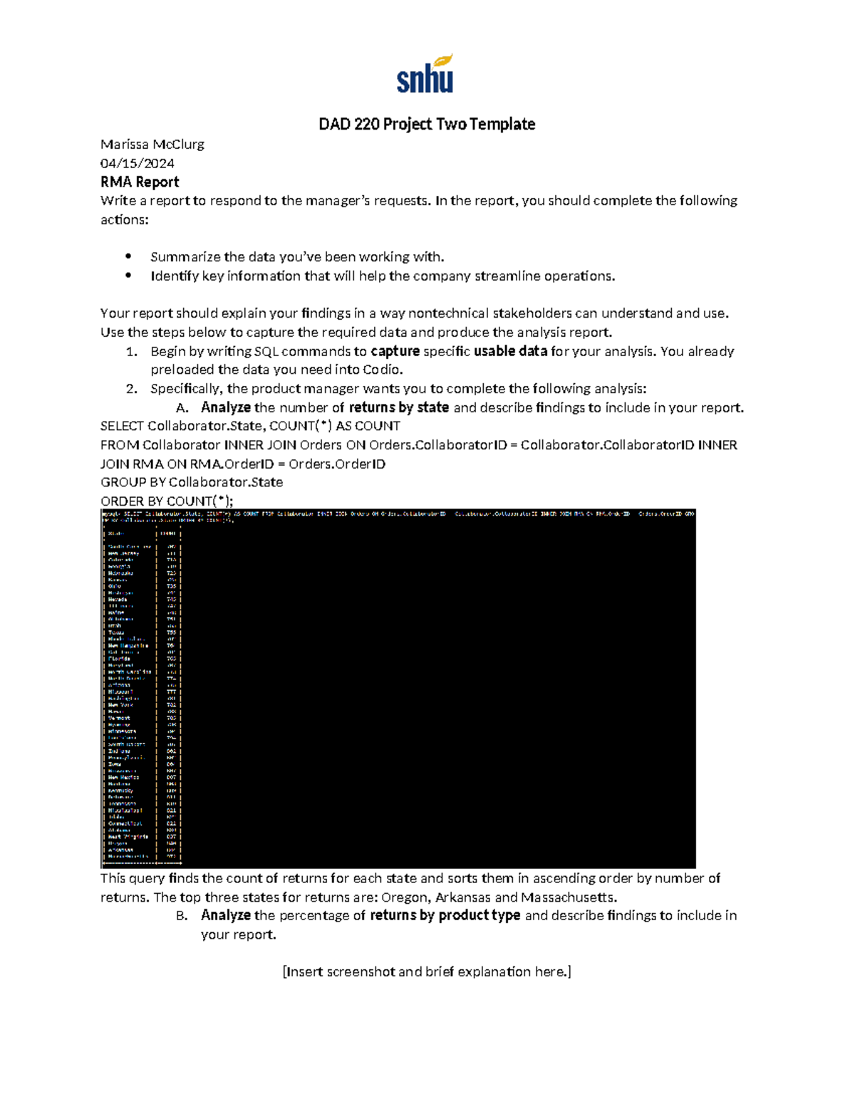 DAD 220 Project Two: RMA Report on Returns and Analysis Findings - Studocu