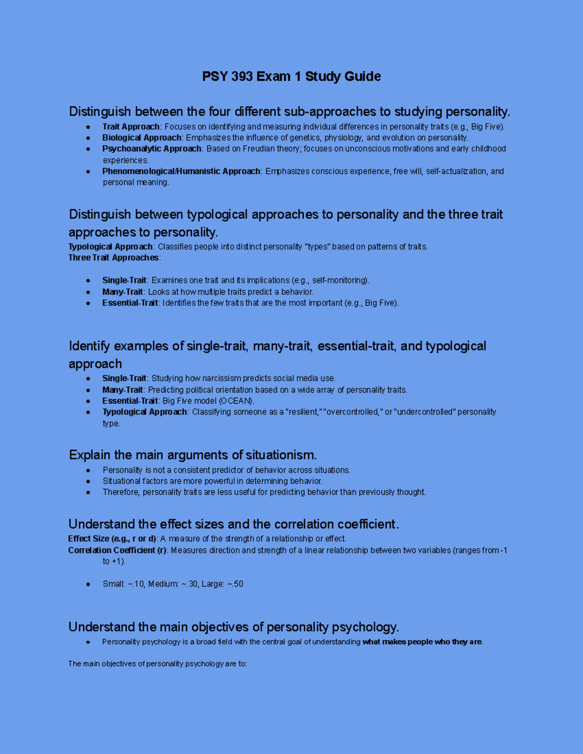PSY 393 Final Exam Study Guide: Key Concepts in Personality Psychology - Studocu