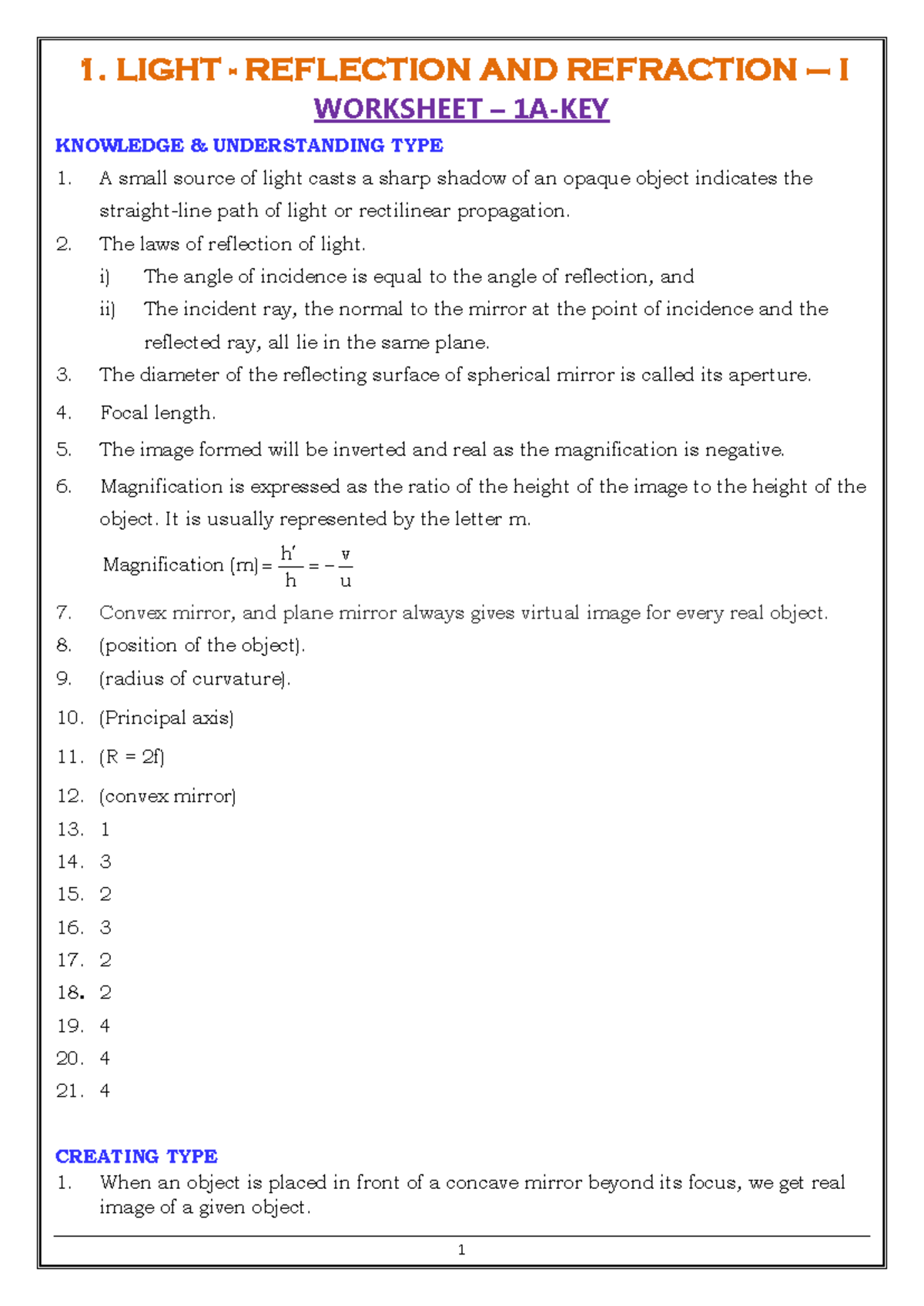 Physics-HTA Key: Light Reflection & Refraction Worksheet - Studocu