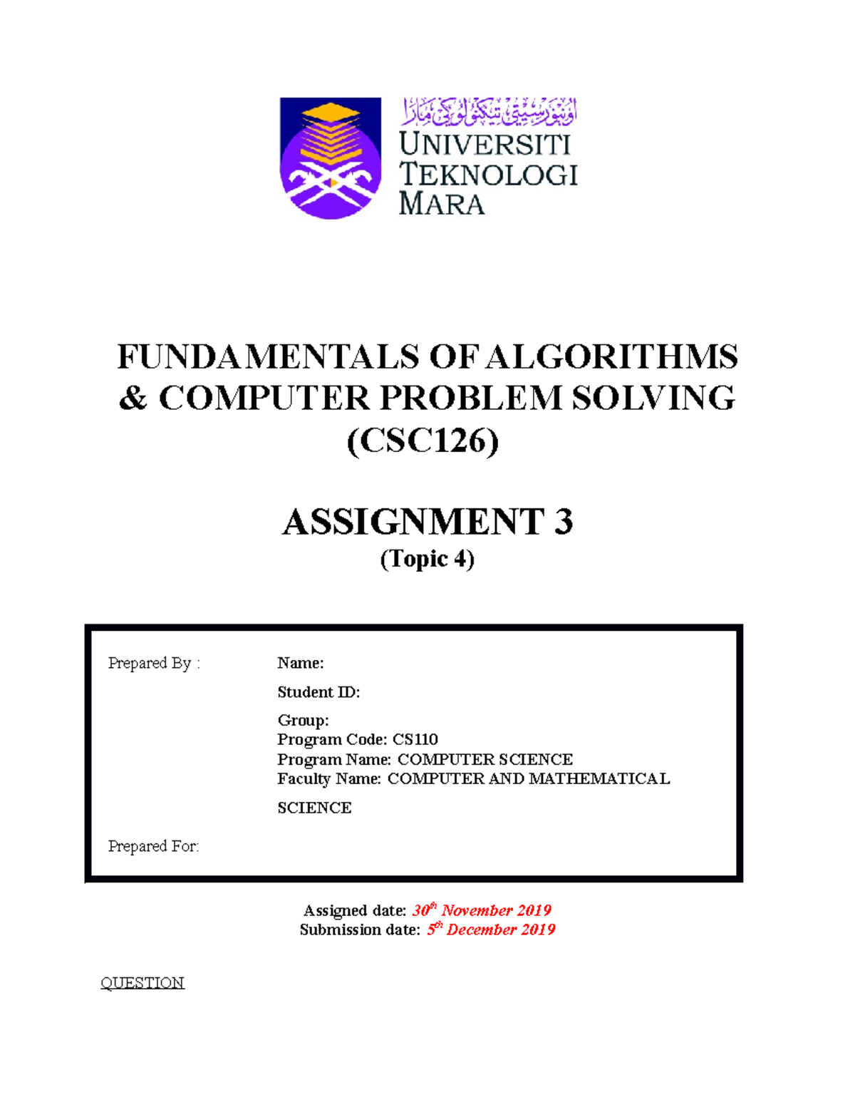 CSC126 Assignment 3 - FUNDAMENTALS OF ALGORITHMS & COMPUTER PROBLEM ...