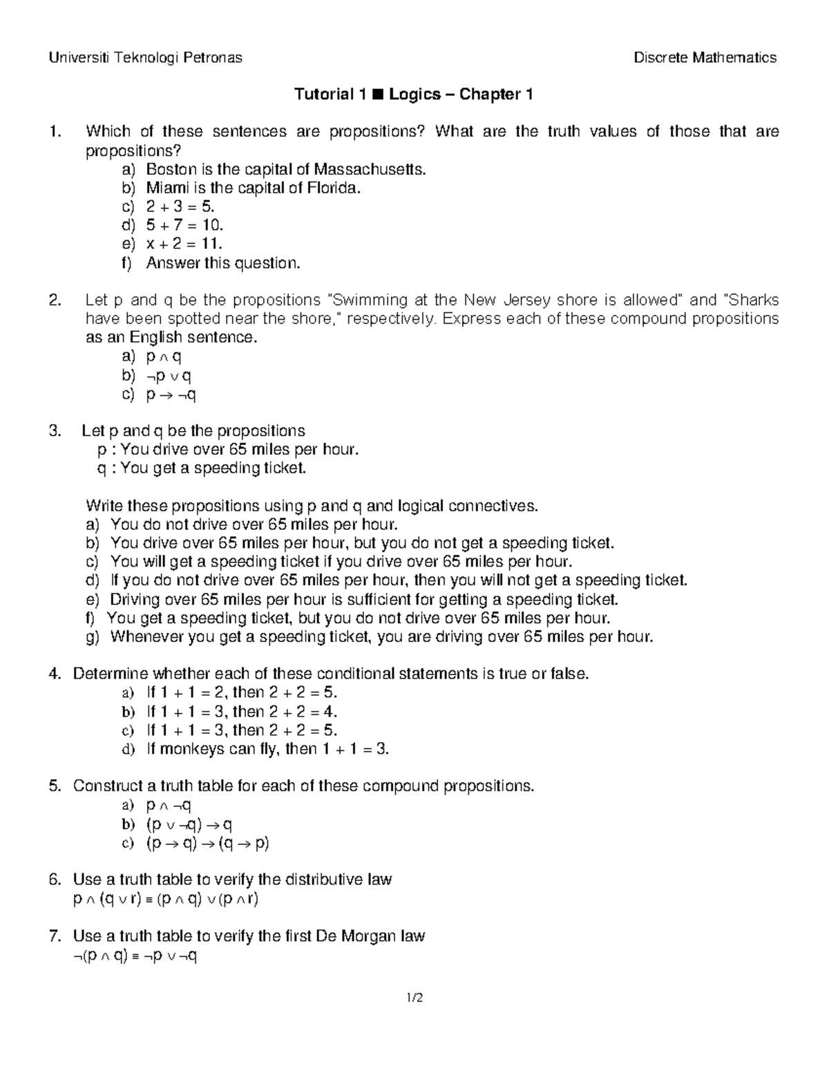 Tutorial 1 Revised Questions, please try - Universiti Teknologi ...