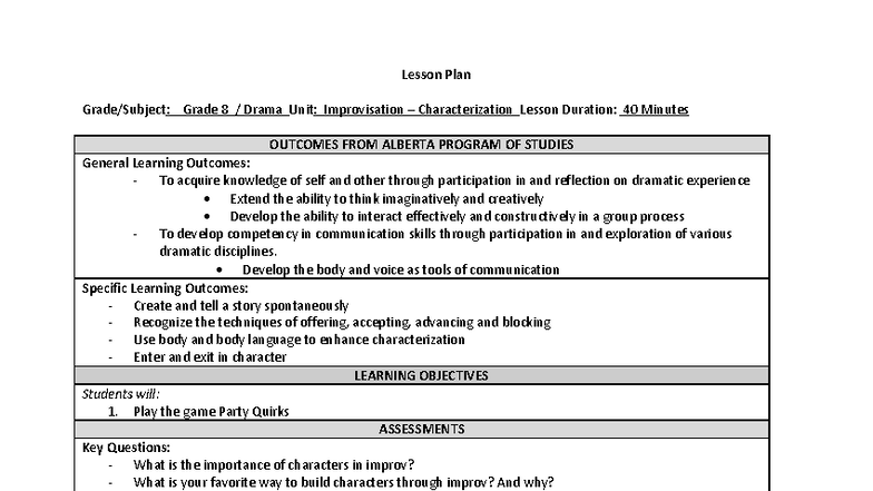 Grade 8 Drama Lesson Plan: Improvisation & Characterization - Studocu
