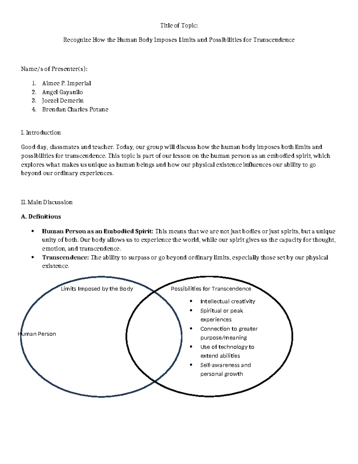 PHILO 101: Limits and Possibilities of the Human Body for Transcendence ...