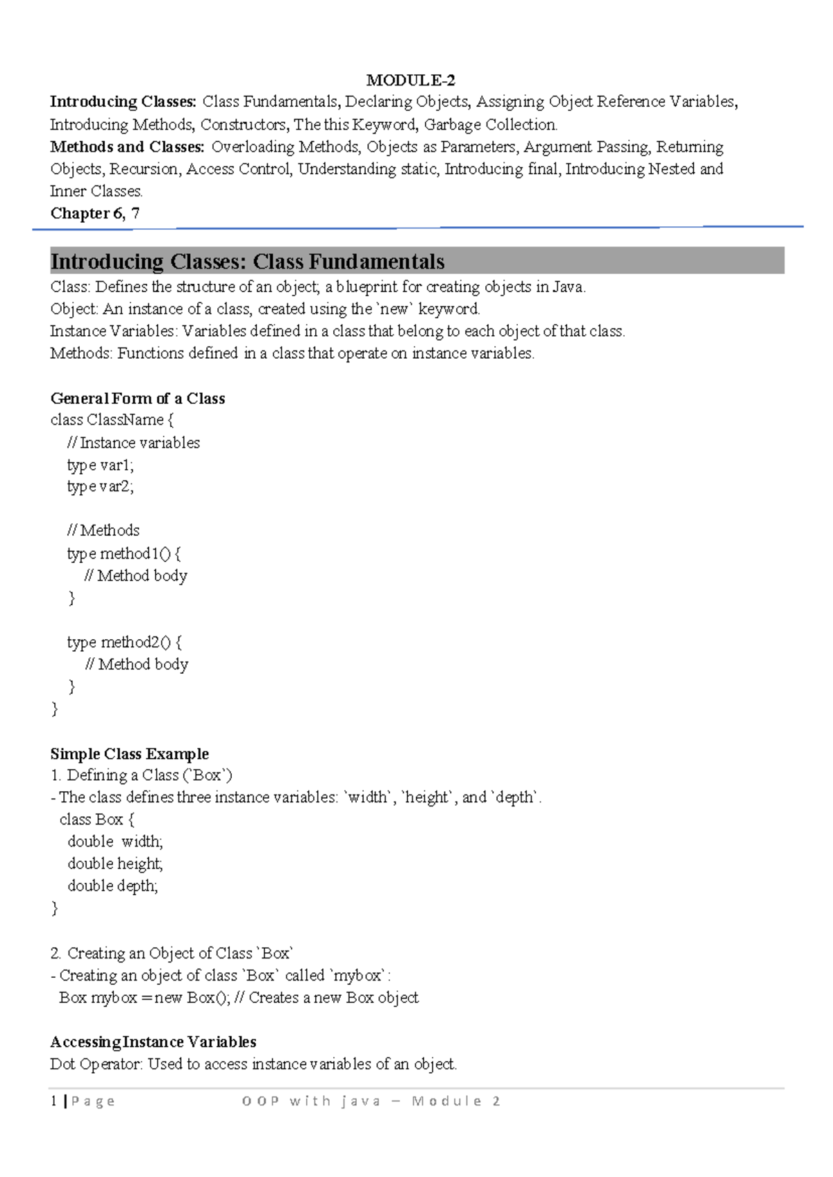 OOP with Java Module 2: Introducing Classes and Methods Concepts - Studocu