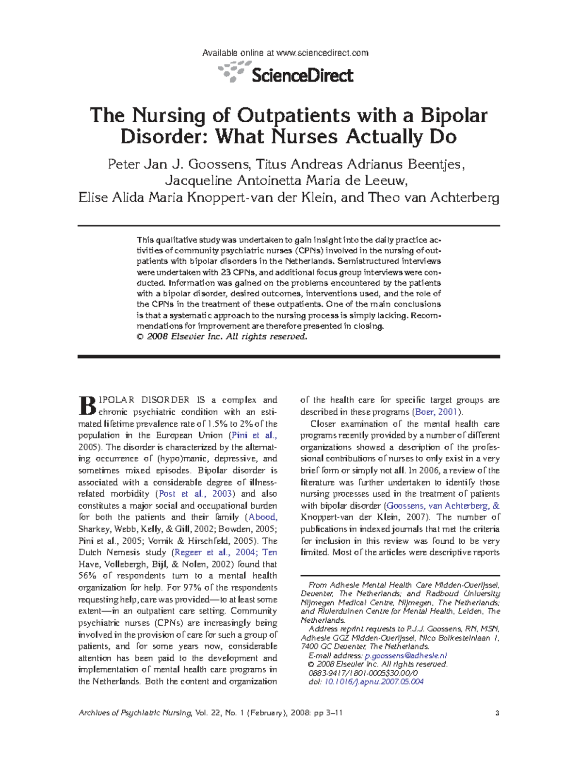 Nursing Practices for Outpatients with Bipolar Disorder: Insights from ...