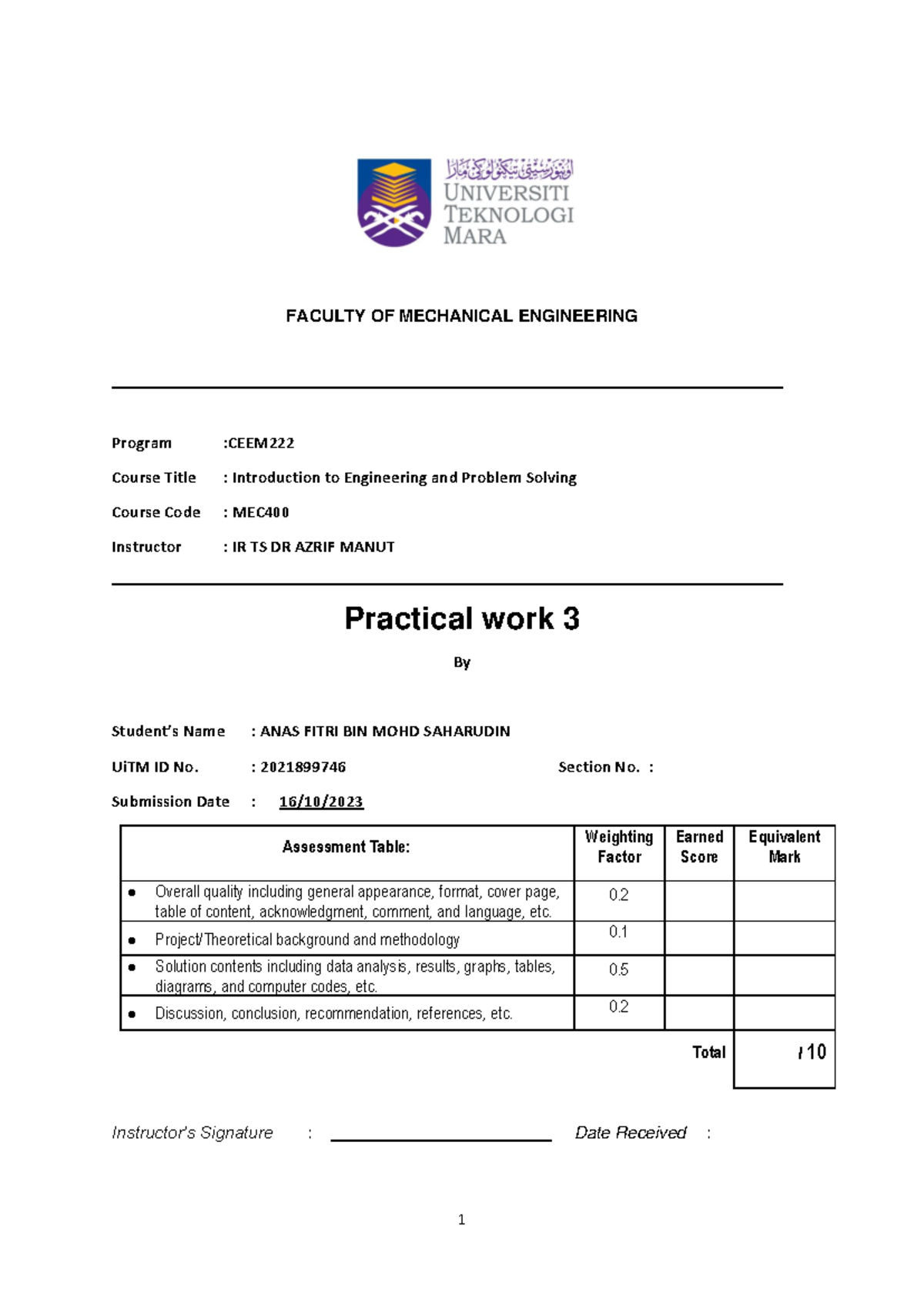 Lab Report 3: Using Excel for Engineering Solutions (MEC400) - Studocu