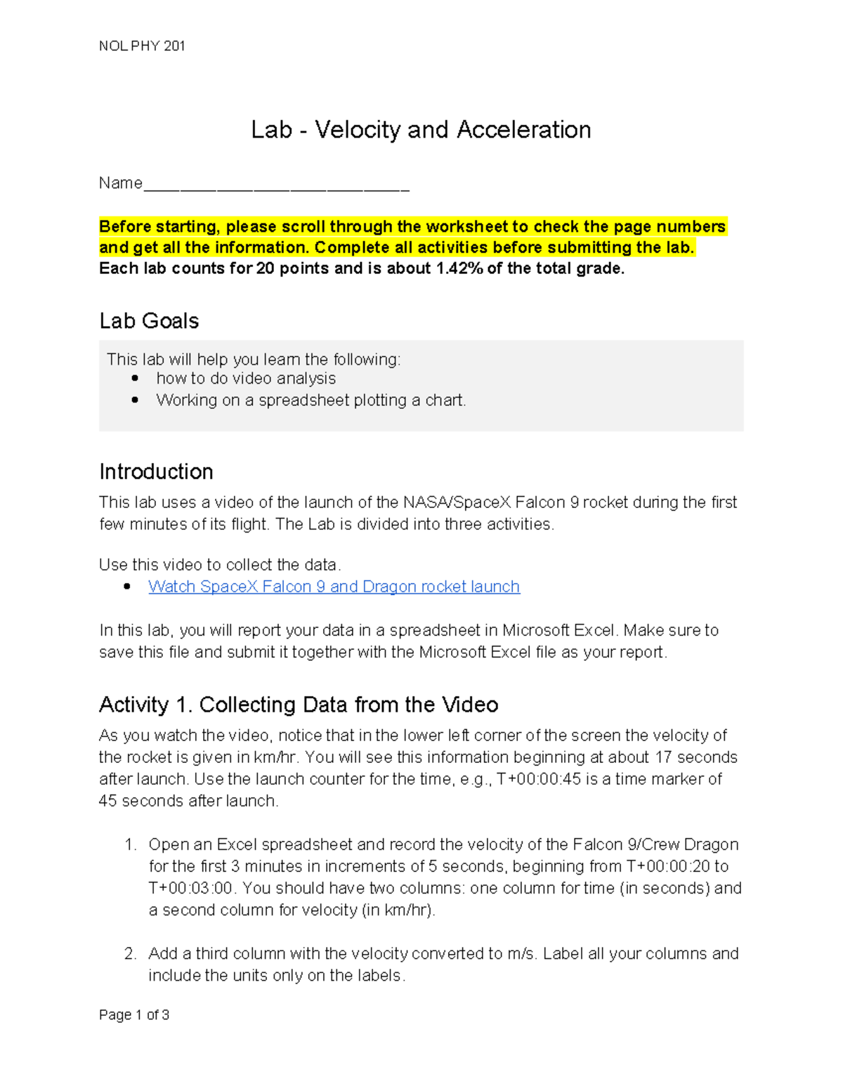 Module 3 Lab 3 Rocket Launch - NOL PHY 201 Lab - Velocity and ...