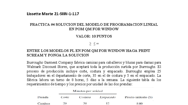 Práctica 4 POM QM: Modelo de Programación Lineal y Soluciones - Studocu
