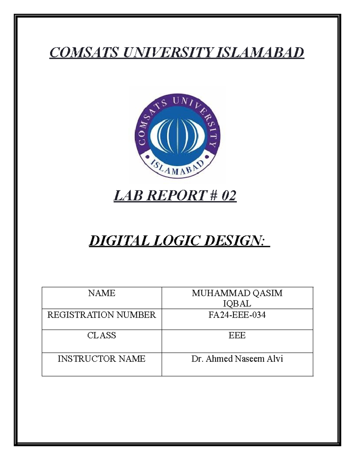 Lab report 2 - DLD LAB NO 2 - COMSATS UNIVERSITY ISLAMABAD LAB REPORT ...