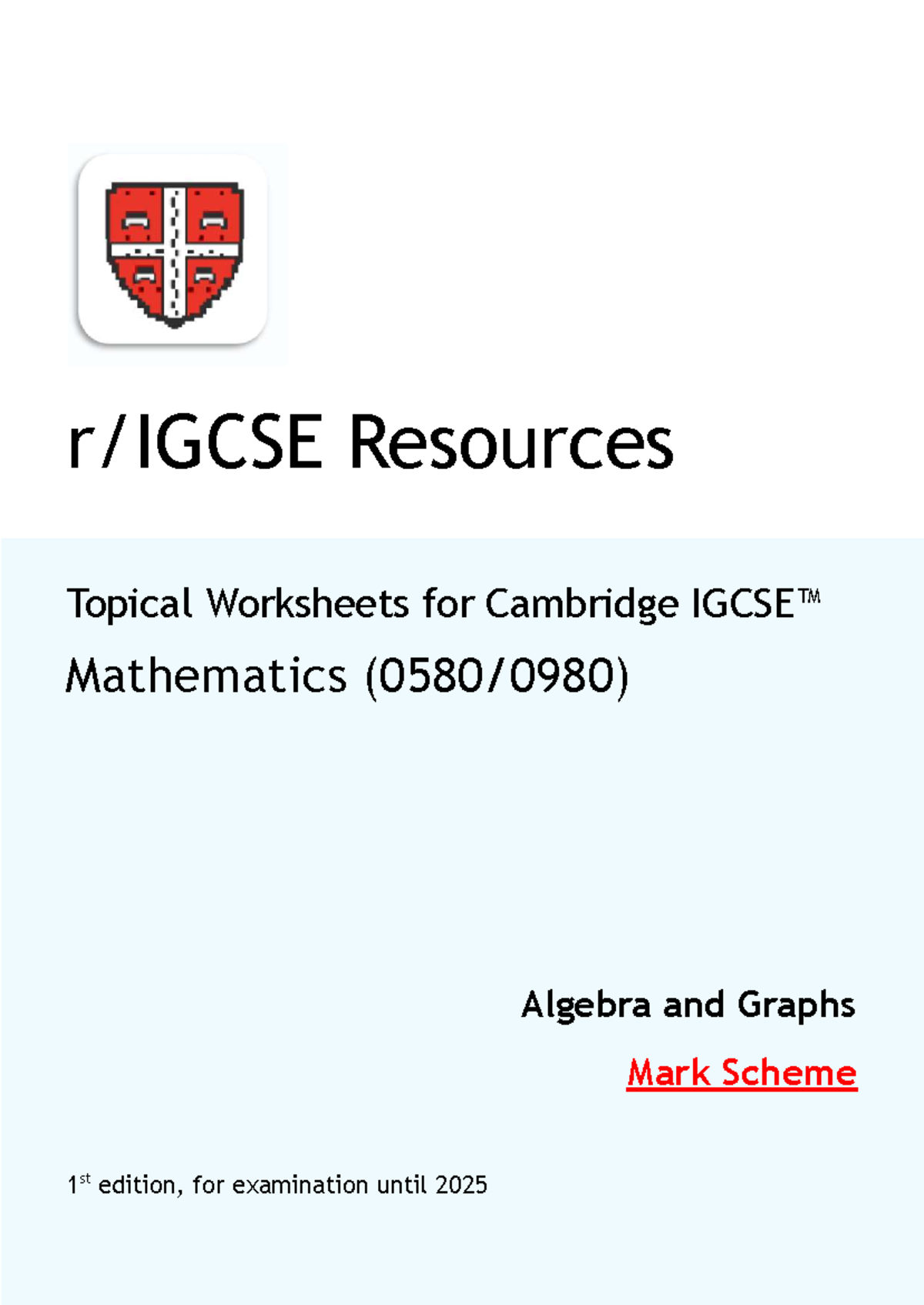 Cambridge Mathematics (Algebra & Graphs) Mark Scheme 1st Ed. - Studocu