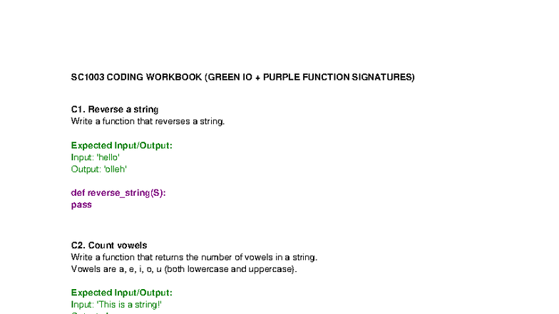 SC1003 Coding Workbook: Functions & Algorithms Practice - Studocu