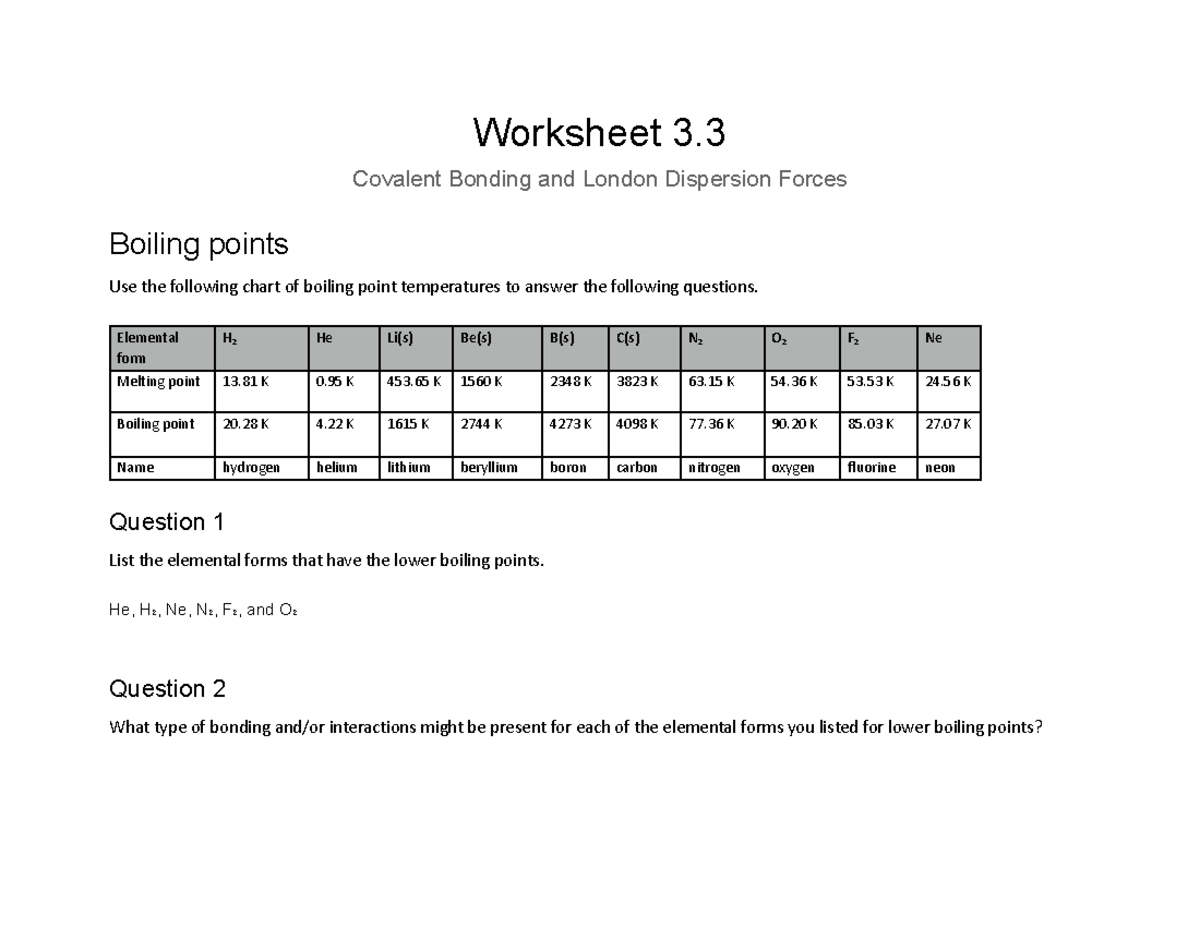 Worksheet 3.3: Covalent Bonding & London Dispersion Forces Analysis ...