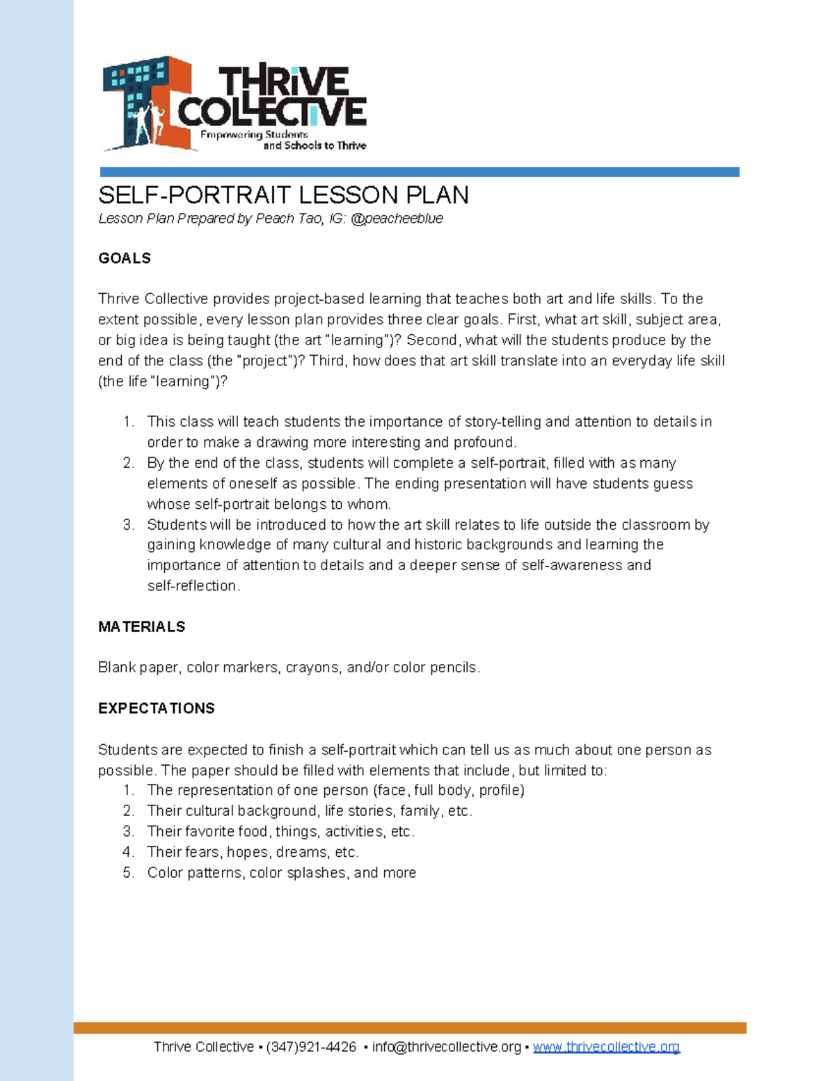 Self Portraits Lesson Plan (Thrive Collective) by Peach Tao - Studocu